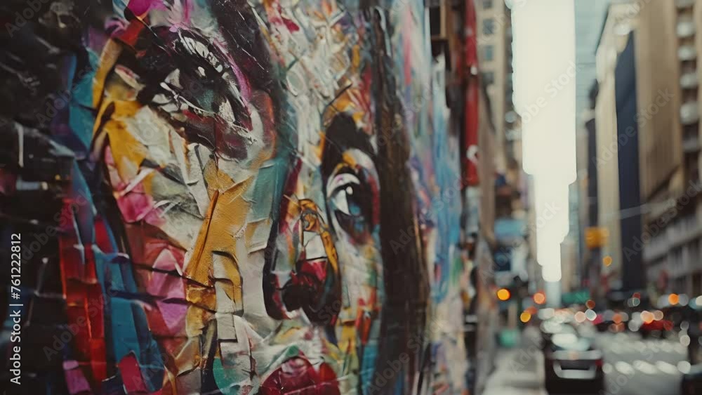 A series of graffiti portraits adorning the walls of a bustling city ...