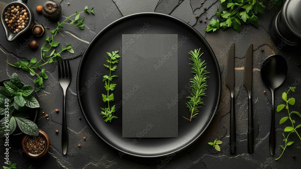 Mockup of a blank dark checklist on a plate with cutlery and a template ...