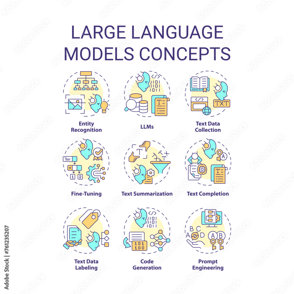 Large language models multi color concept icons. Virtual assistance ...