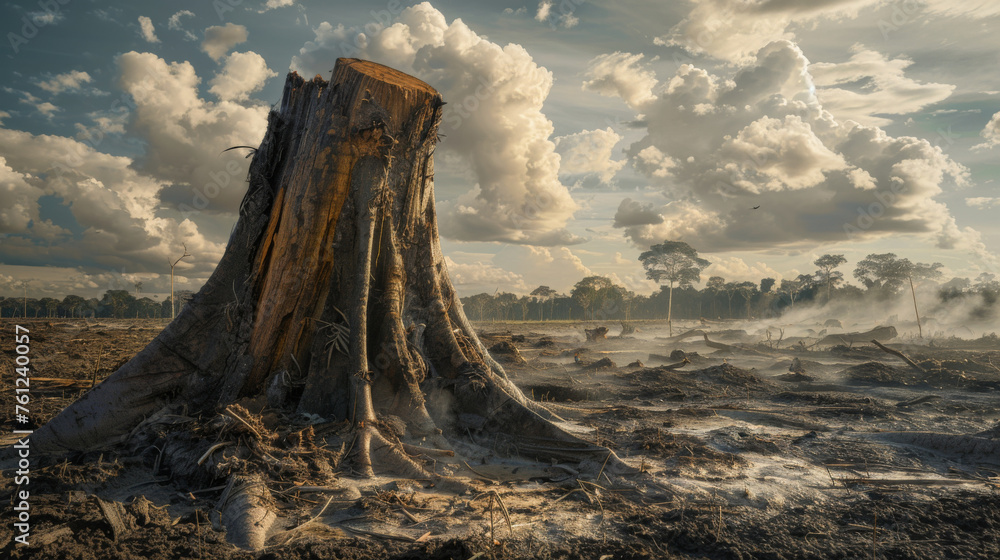 Stark view of deforestation in the Amazon, with a lone stump and smoky ...