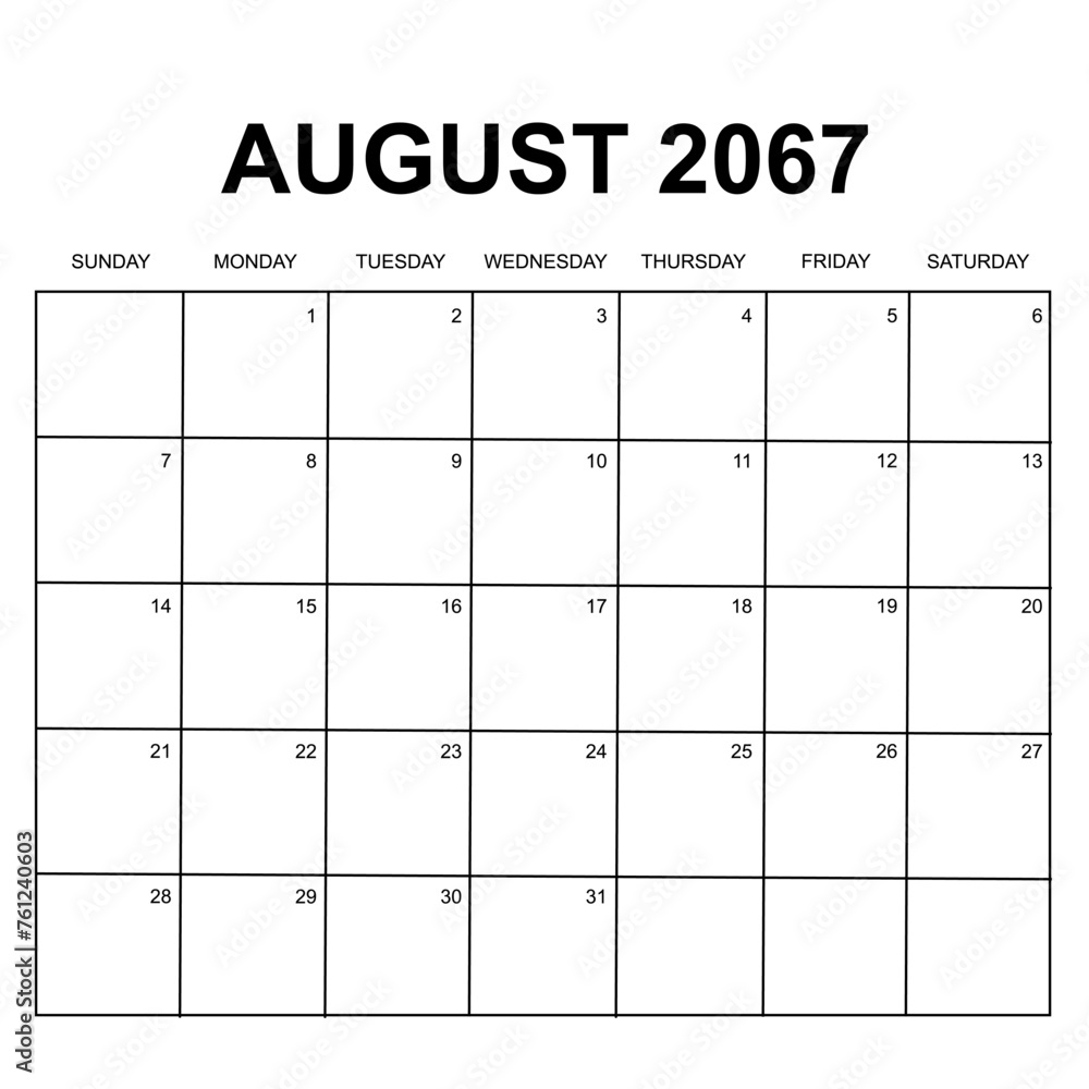 august 2067. monthly calendar design. week starts on sunday. printable ...