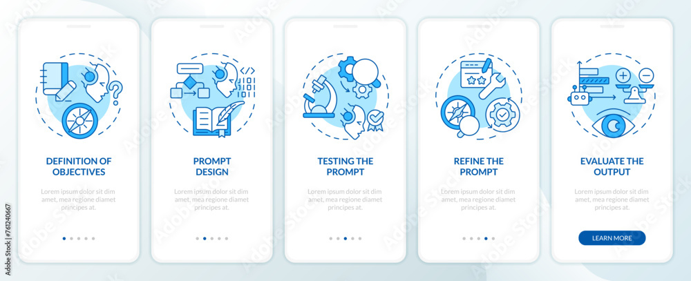 Improve prompt engineering process blue onboarding mobile app screen. Walkthrough 5 steps ...