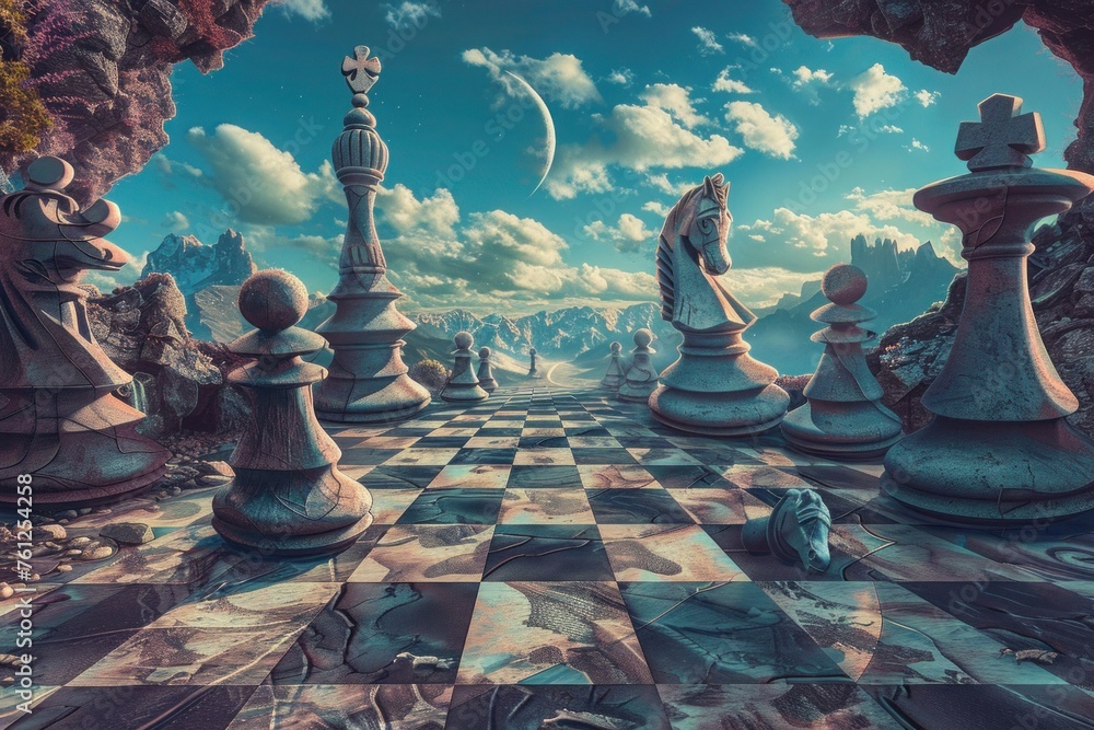 A surreal chessboard extends into a fantasy landscape, a metaphor for ...