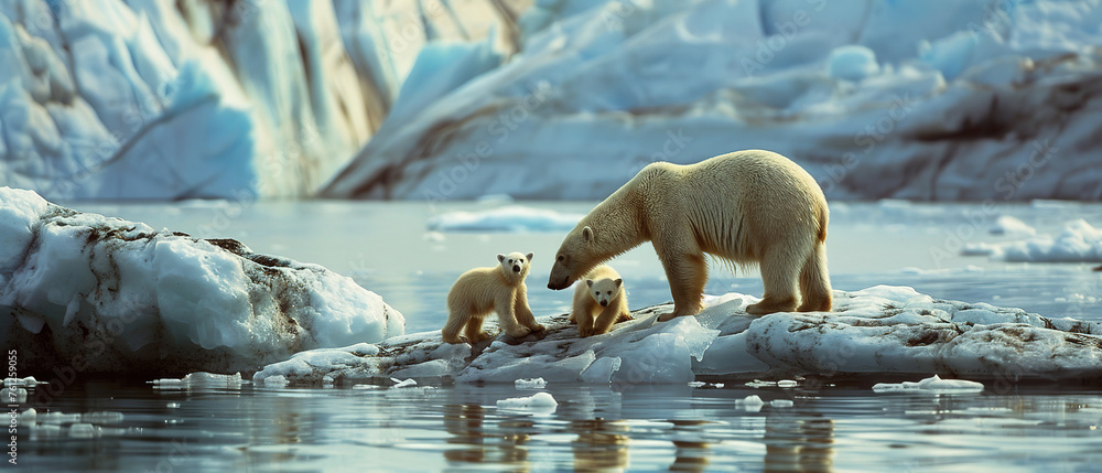 starving skinny Polar Bear mother and two cubs on a melting glacier icy ...