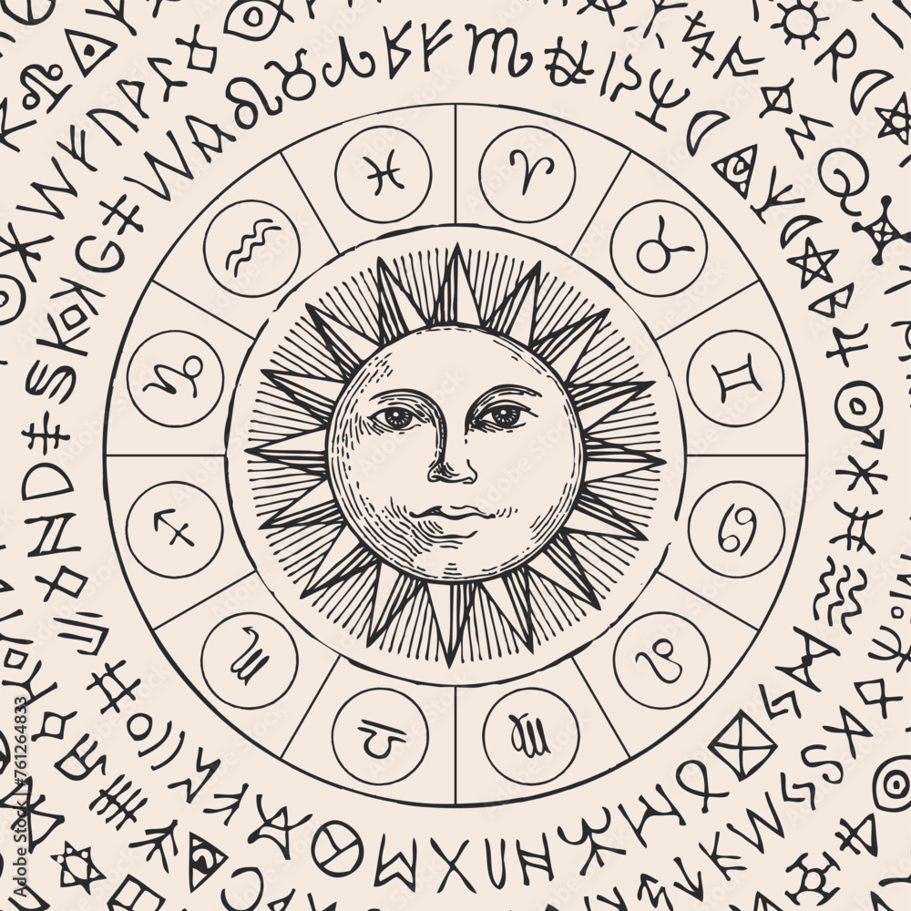 Vector illustration of the Zodiac signs in retro style with Sun and ...