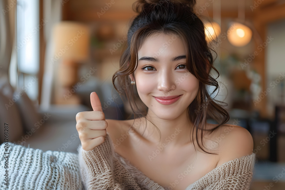 親指を立ててグッドポーズをしているきれいな女性 Stock-Foto | Adobe Stock