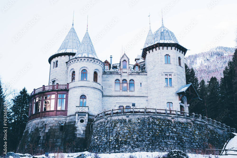 Winter view of Savoy Castle situated in Gressoney-Saint-Jean, Italy. It ...