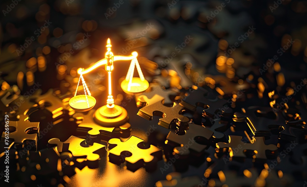 A glowing yellow icon of the scales of justice floating above an array ...