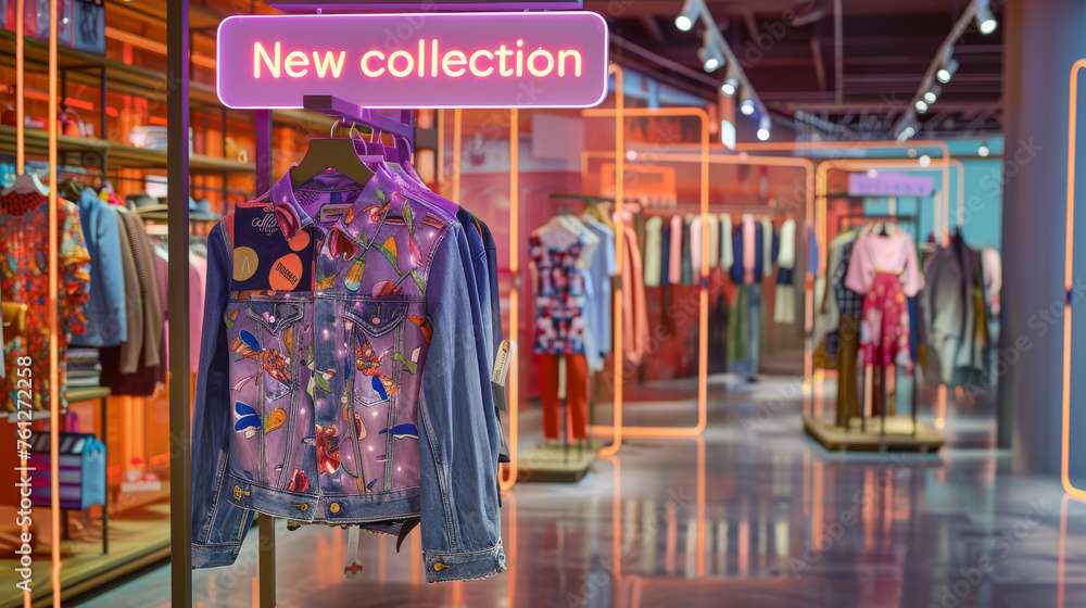 New collection sign in front of a fashionable clothing display with ...