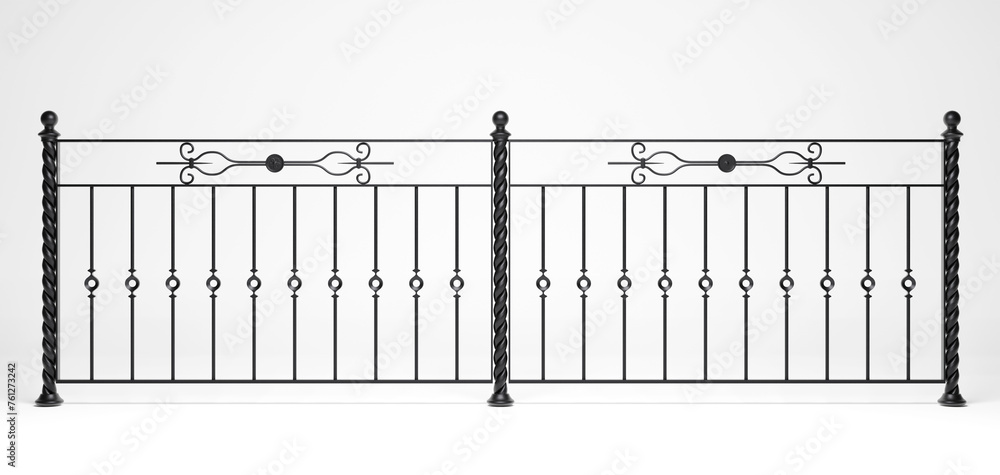 Wrought iron gate and fence. forged metal elements. Black and white ...