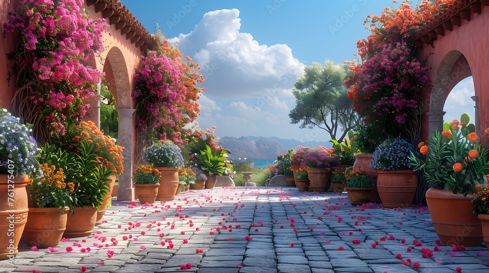 a Western-style Mediterranean garden, with terra cotta pots, aromatic ...