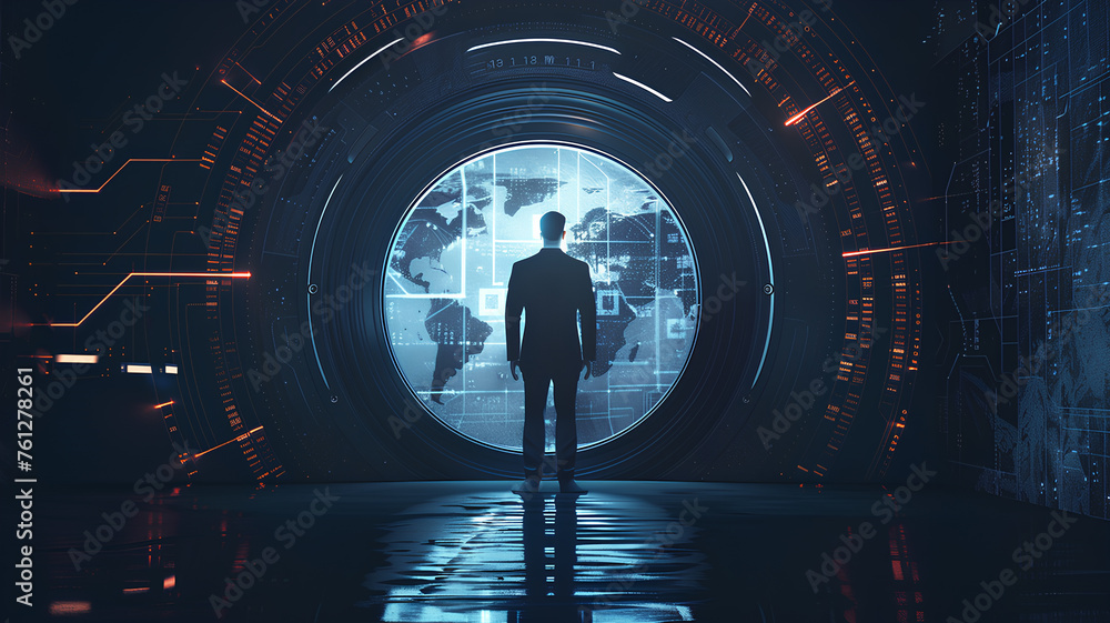 Futuristic Portal View with Silhouetted Figure . A figure stands ...