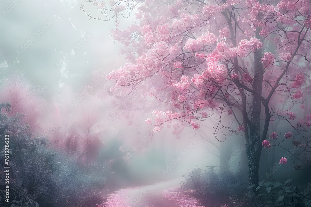 Foggy blurry misty path in the forest in blue and pink pastel colors ...