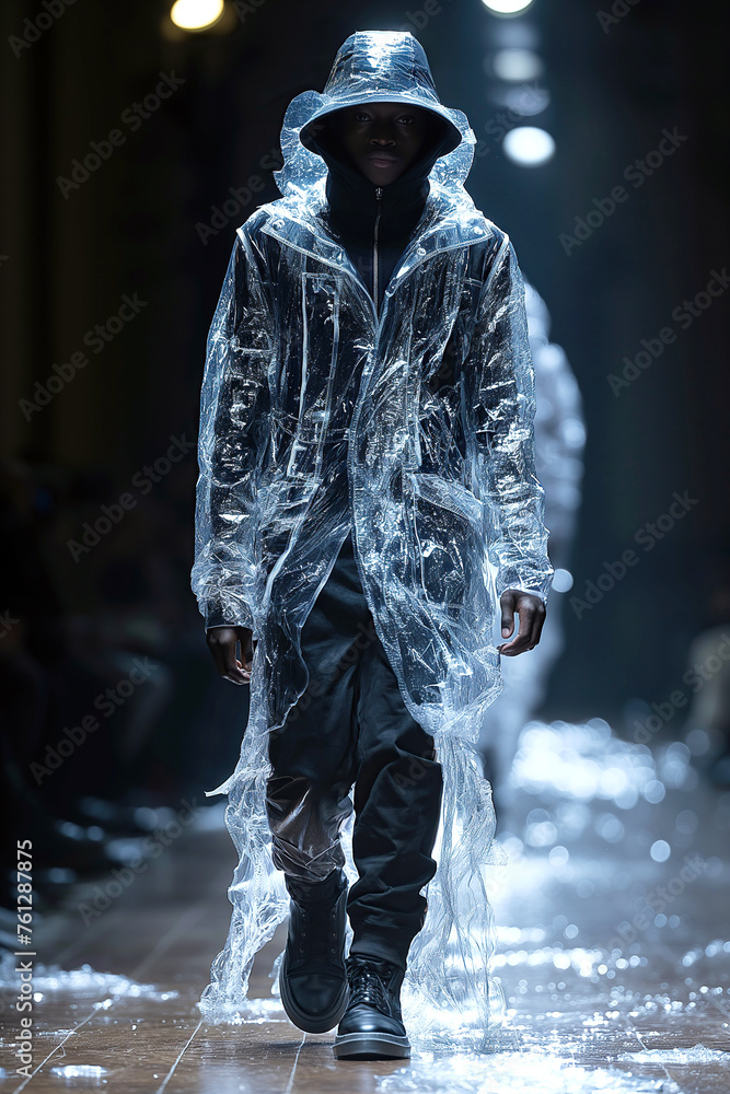 black man model in a transparent cellophane clothes walks down runway ...