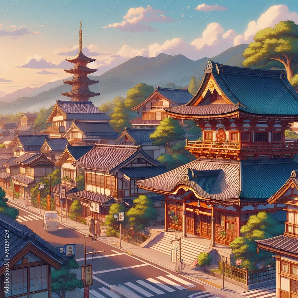 a beautiful japanese village city town in the morning. buddhist temple ...