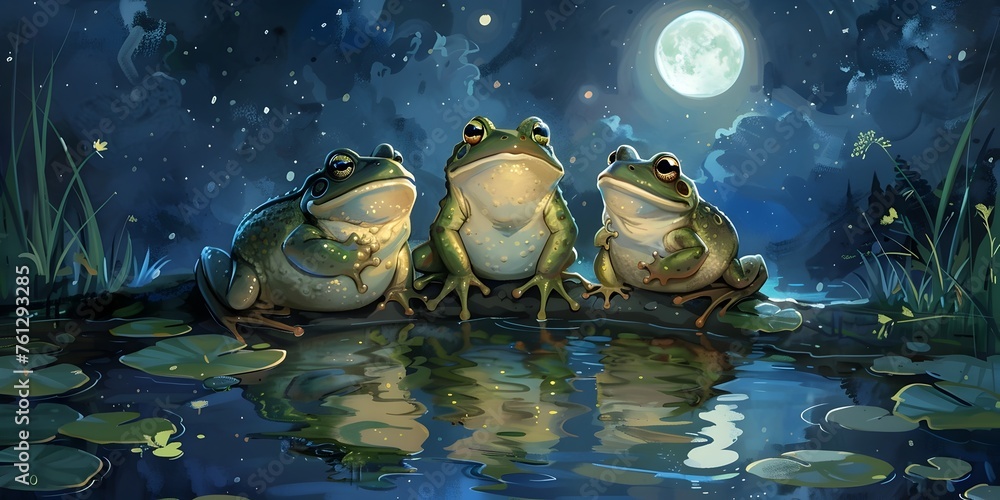 Under the soft glow of the full moon, a trio of whimsical amphibians ...