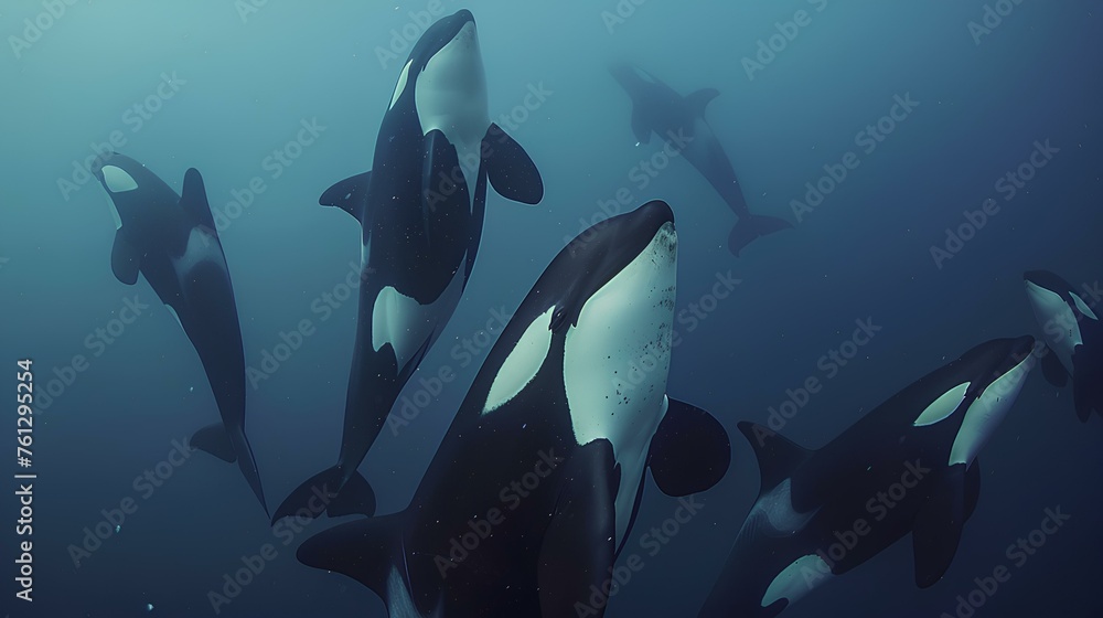 Pod of Orcas Swimming Gracefully Underwater,A pod of orcas, also known ...