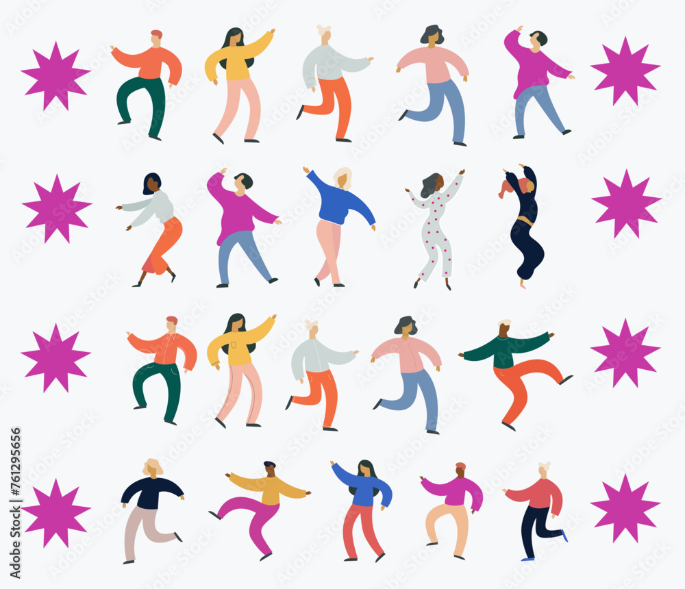 Vetor de Male and female characters. A group of happy dancing people ...
