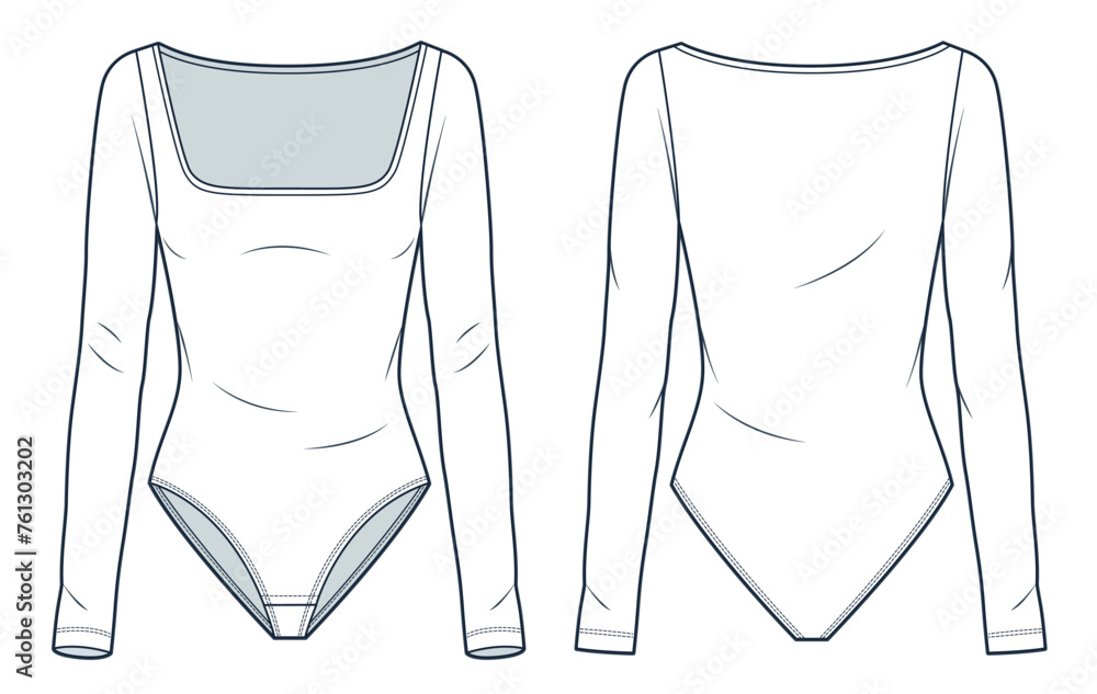 Square Neck Bodysuit technical fashion illustration. Long Sleeve ...