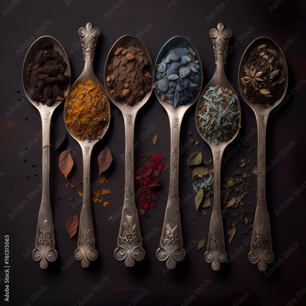 Assortment of dry tea in vintage golden spoons spices india curry ...