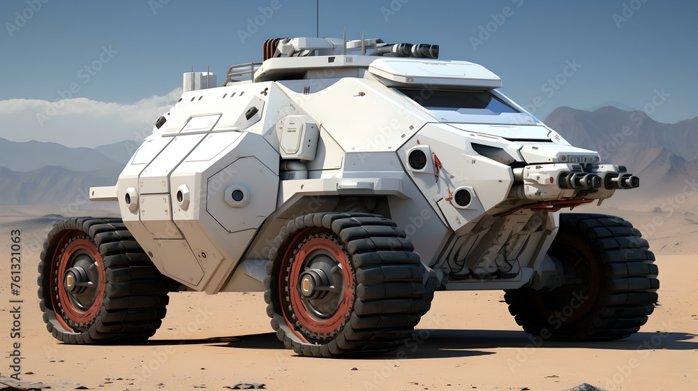 Futuristic armored vehicle in desert landscape, concept military ...
