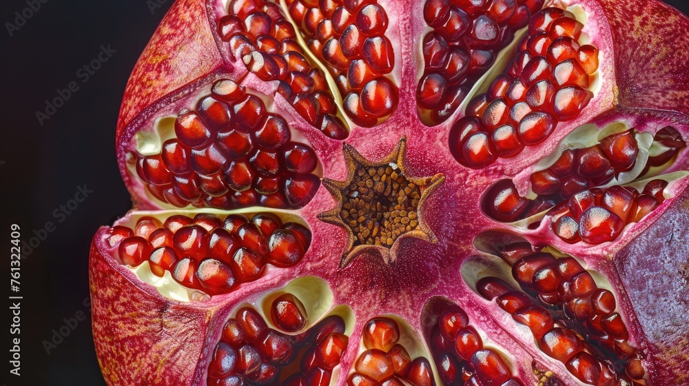 The cross-section of a pomegranate revealing its jewel-like seeds and ...