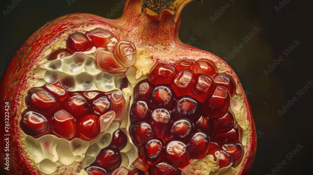 The cross-section of a pomegranate revealing its jewel-like seeds and ...