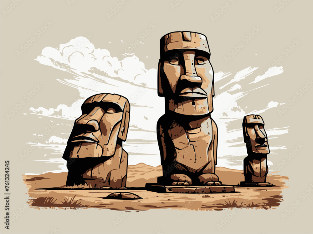 Vintage set of statues of Easter island. Moai on Easter island. Vector ...