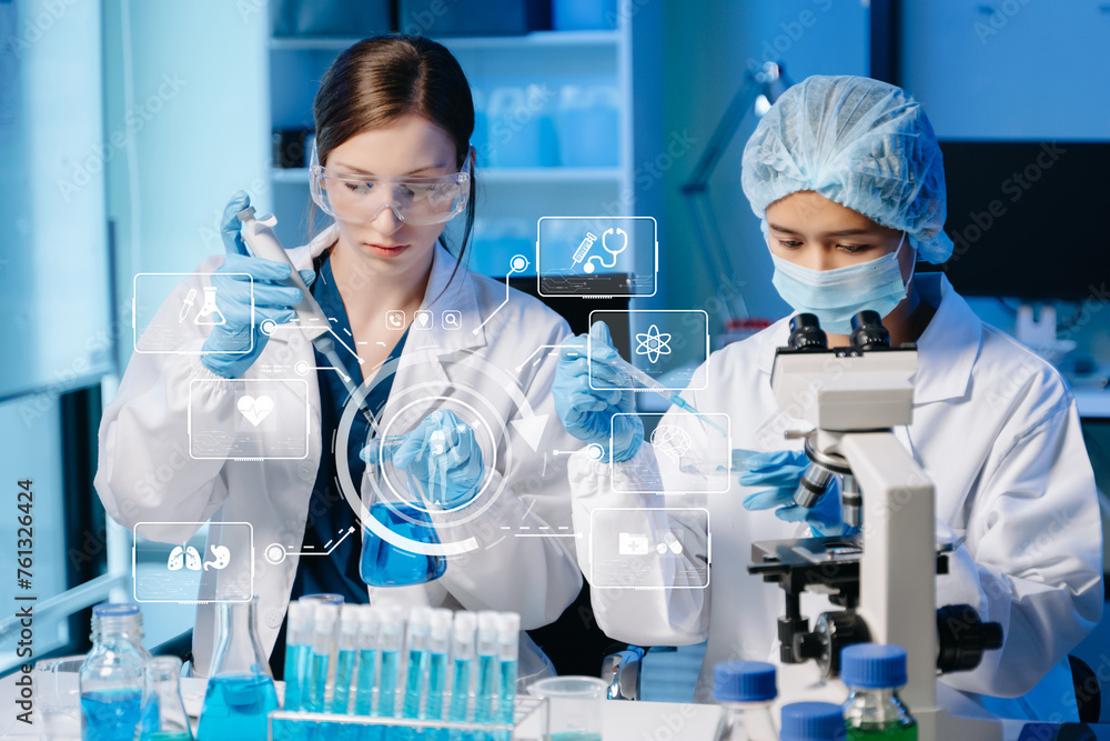 Scientist two woman with tablet and laptop, laboratory and ecofriendly ...