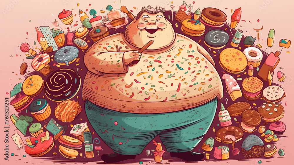 a fat man eating junk food and sweets, diabetes concept , body of man ...