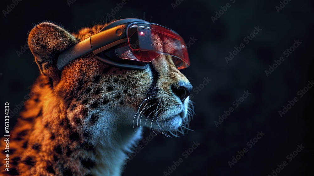 Cheetah wearing VR goggles swiftly explores tech terrain, epitomizing ...