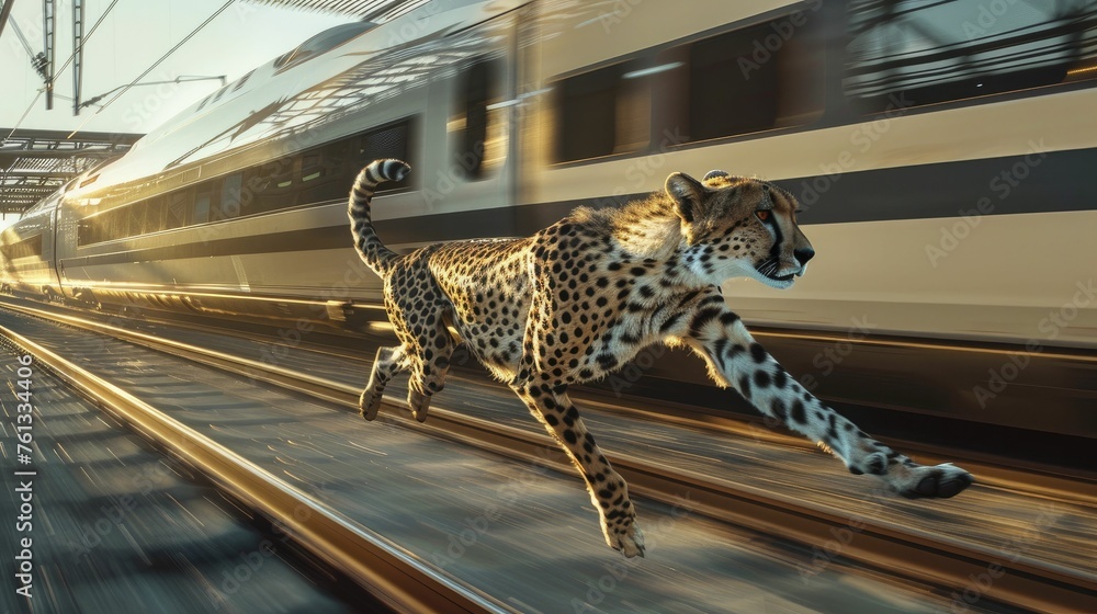 A cheetah running alongside a high-speed train symbolizes the ...