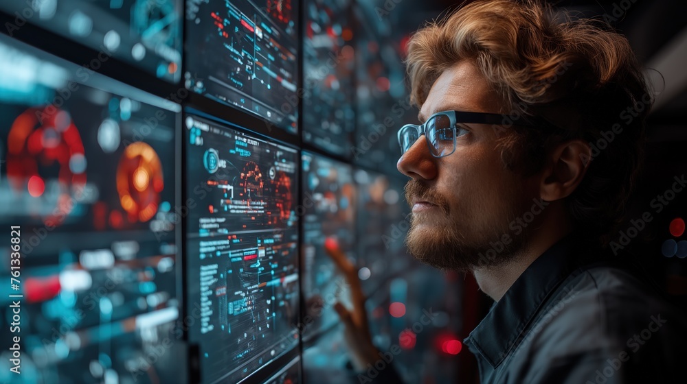 a man looking on bigdata on screen finding the trace of something, data trace, Digital Footprint ...