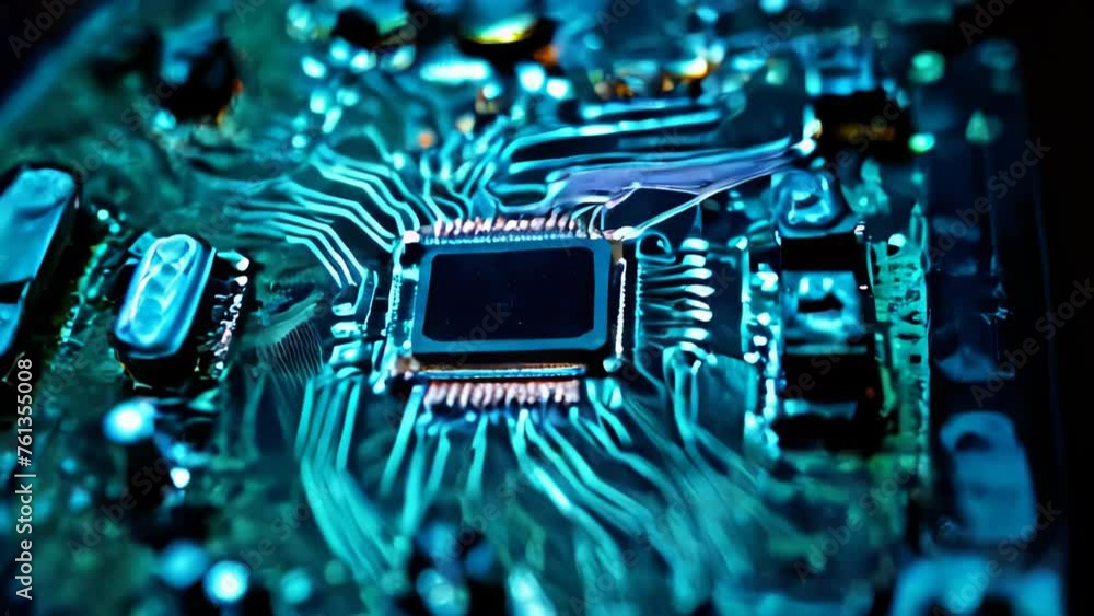 Closeup of a circuit board glowing in turquoise blue. Intricately wired ...