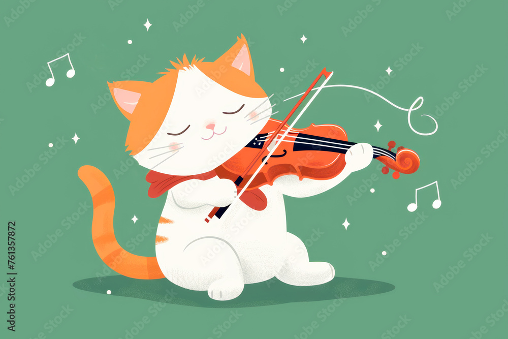 A charming cartoon cat is depicted in full swing, playing the violin ...