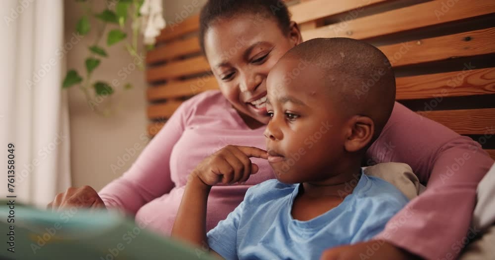 Mother, child and reading book for home education, learning and ...