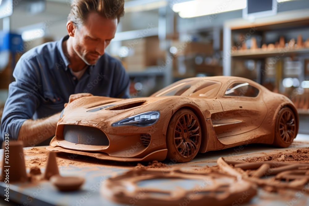 Skilled male artisan meticulously shapes an intricate clay model of a ...