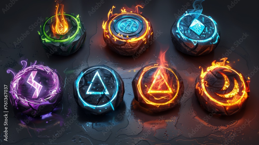 Set of stone runes, isolated. Druid runes for game with different magic ...