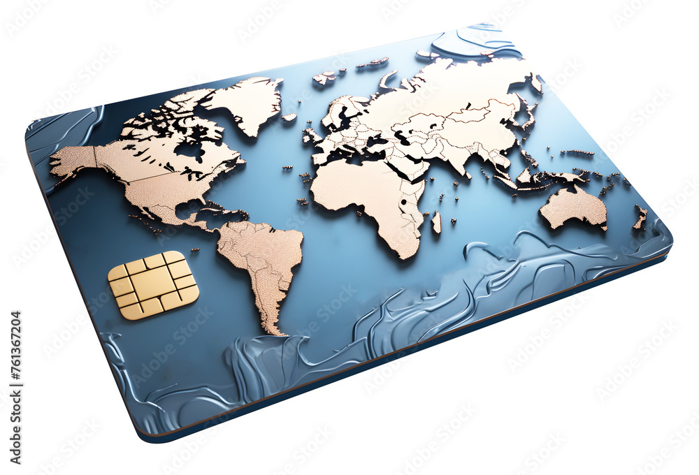 Digital credit card display blue. Gold world map pattern isolated on ...