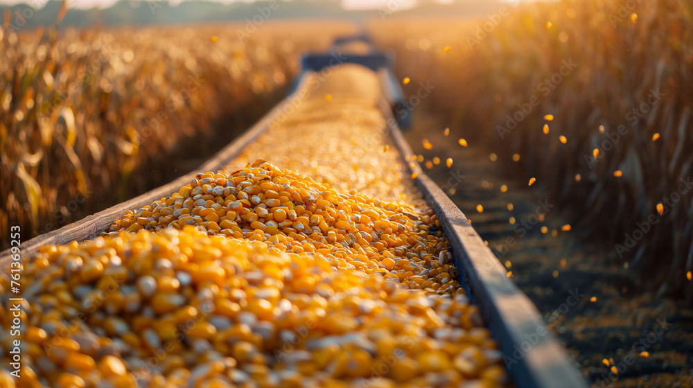 Harvested corn being transported to grain bin silos on a conveyor belt ...