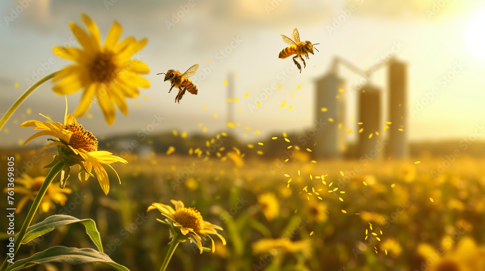 Bees pollinating flowers amidst a corn crop with grain storage silos in ...