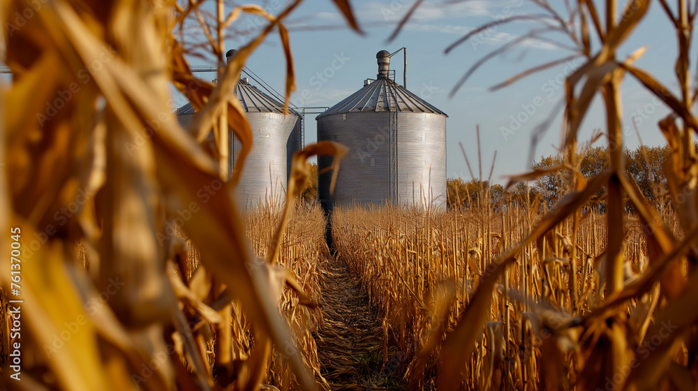 Foto de Grain bin silos seen through the stalks of a mature corn crop ...