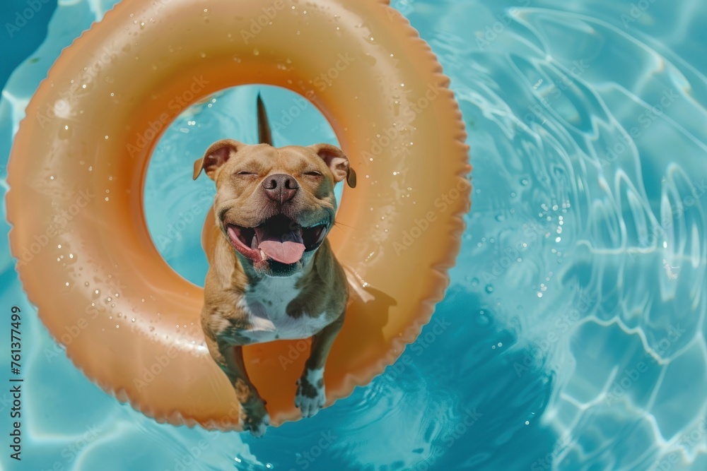 laughing smiling exited dog in swimming pool floating on swimming ring ...
