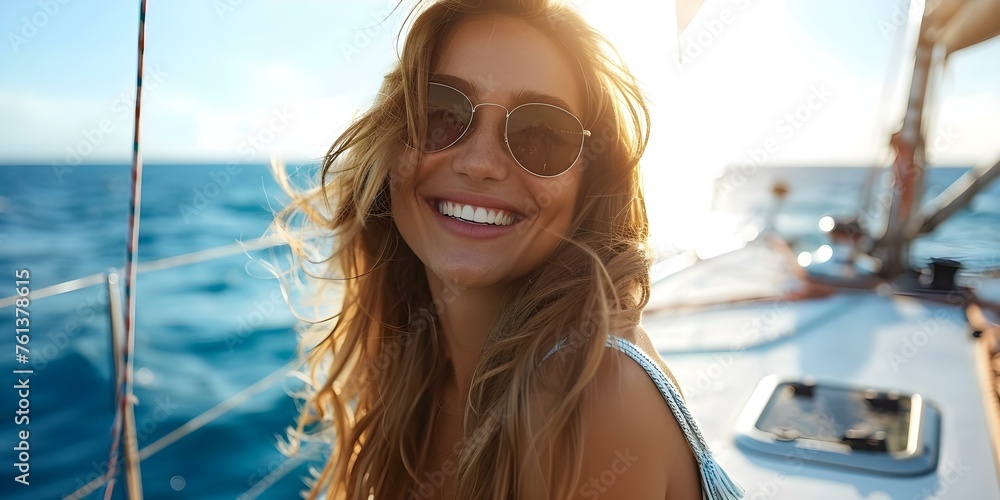 Woman happily sailing a yacht while enjoying her summer vacation at sea ...