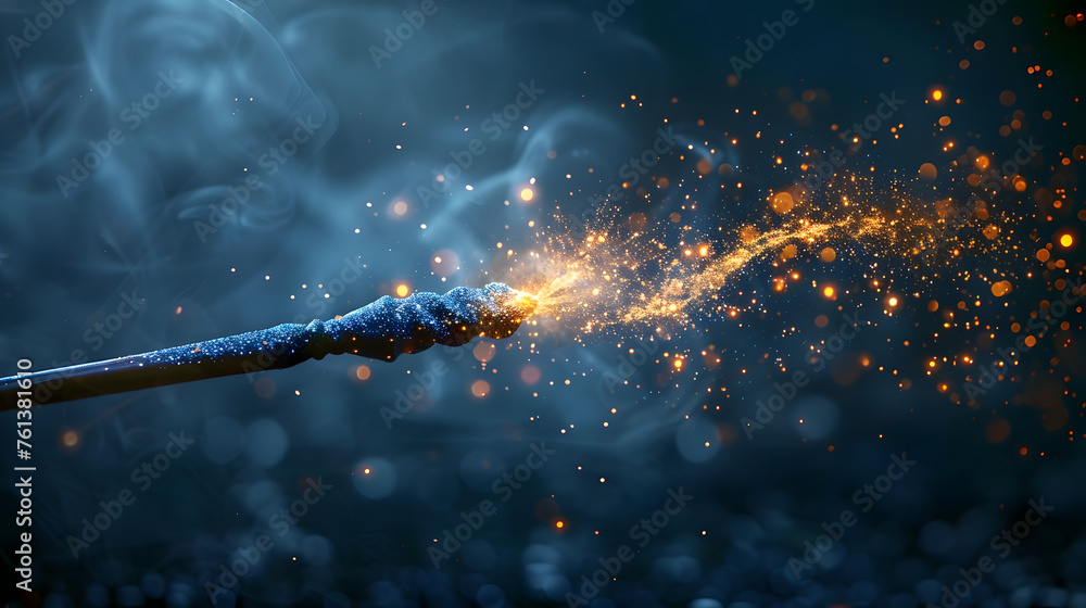 Magic wand casting a spellt, sparkles of enchantment floating in the ...