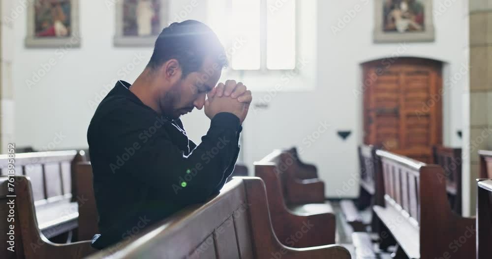 Mexican man, funeral and praying at church with sadness, alone and ...