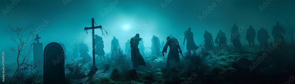 Mysterious grave, zombie mafia's secret meeting, night, wide shot ...