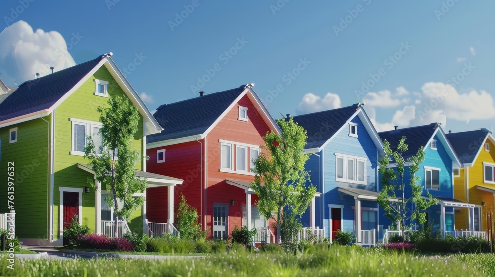 A group of identical houses in a suburban neighborhood with one house ...