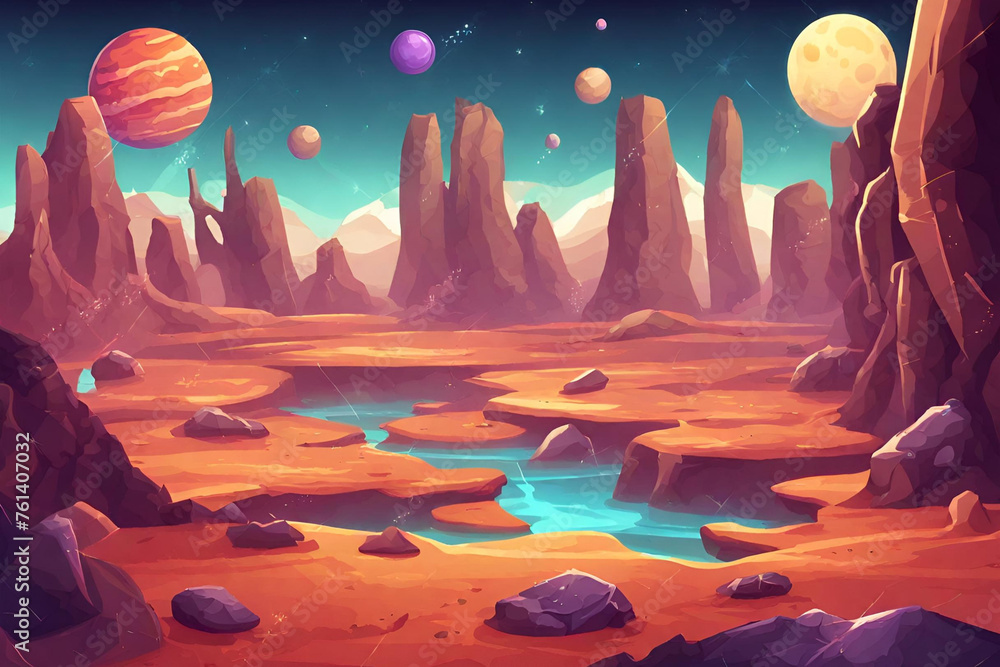 Alien planet landscape for space game background. cartoon fantasy of ...
