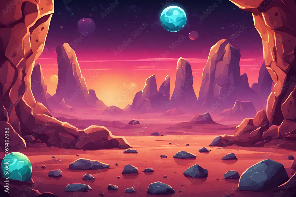 Alien planet landscape for space game background. cartoon fantasy of ...